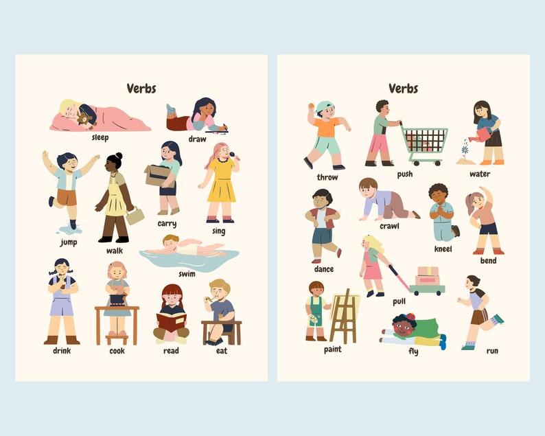 Verbs, Action Words, English Vocabulary Learning Poster Worksheet ...