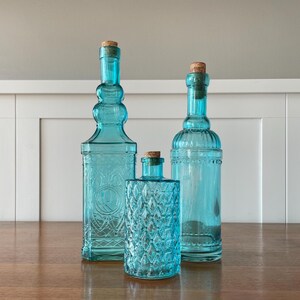 Set 3 Embossed Glass Bottles Aqua Blue Turquoise Apothecary Vases ...