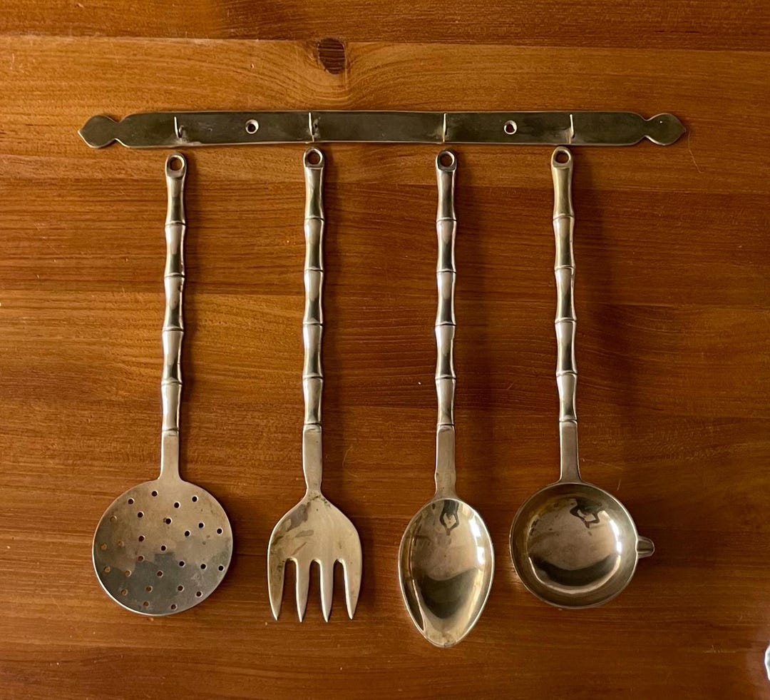 Brass Utensil Set Hanging Cutlery Bamboo Asian Theme Kitchen Cookware 4 ...