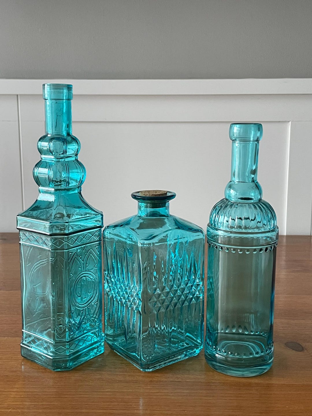 Set 3 Embossed Glass Bottles Aqua Blue Turquoise Apothecary Vases ...