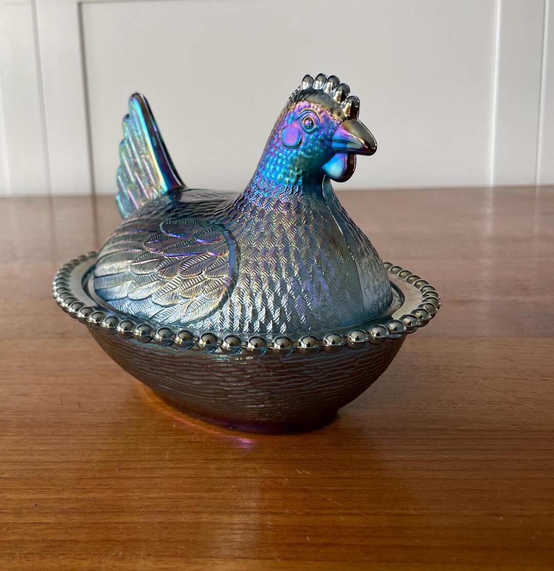 1950s Indiana Glass Hen on Nest Carnival Glass Iridescent Blue Chicken ...