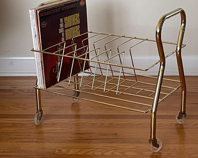 Metal Record Stand on Wheels Brass Gold Tone LP Vinyl 33 & 45's Holder ...