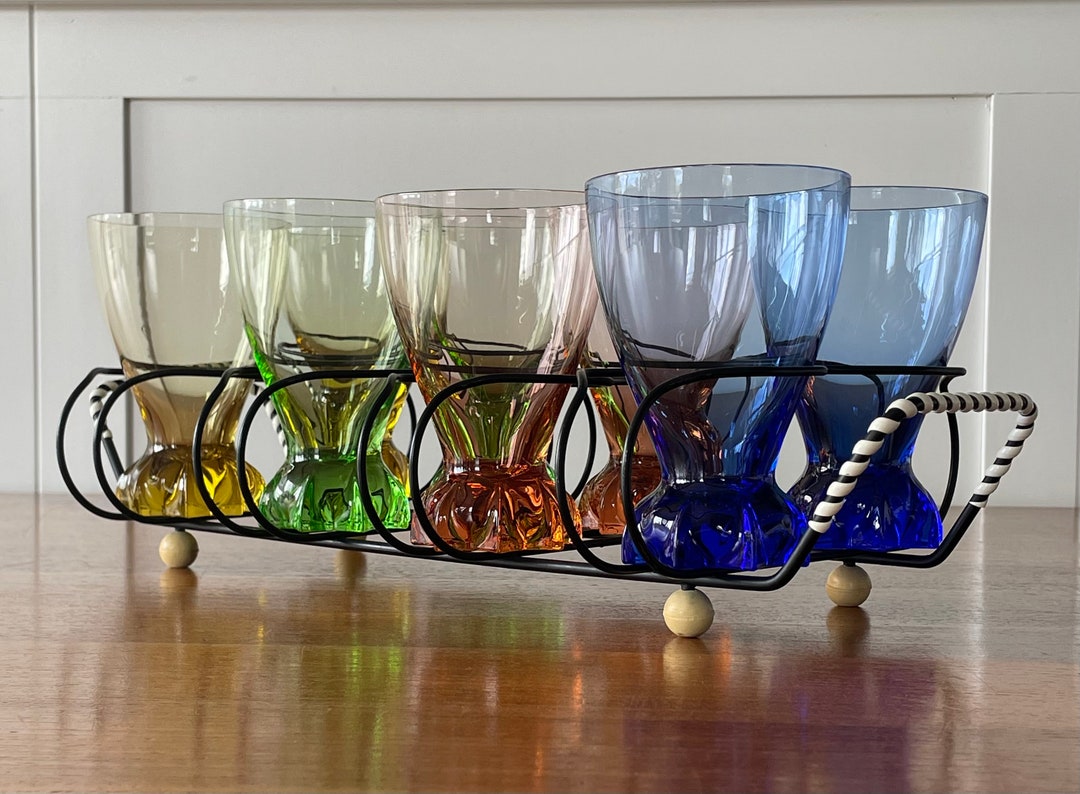 8 Footed Glasses & Caddy 12oz Multi Color Atomic Style Star Base ...