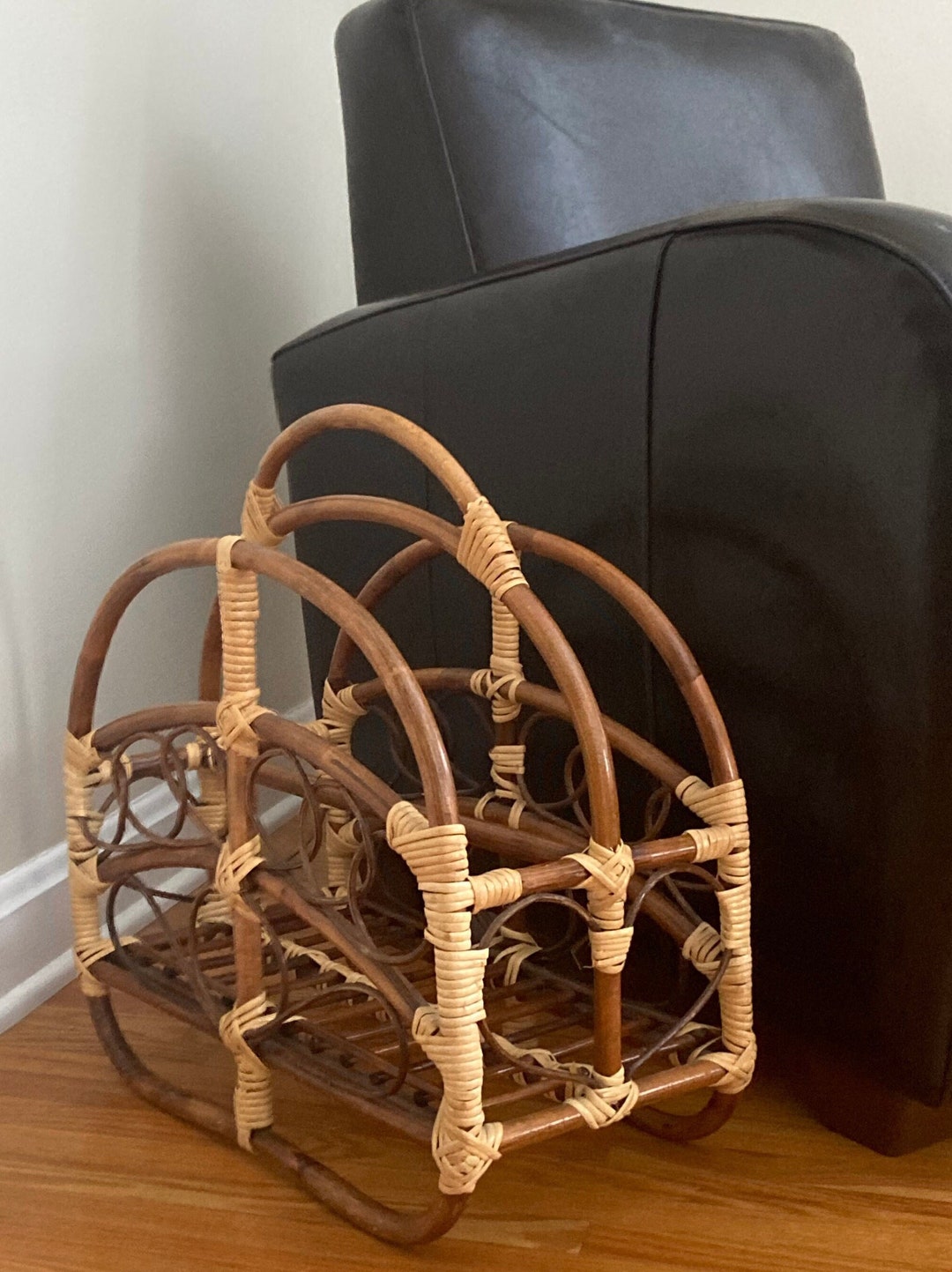 70s Burnt Bambo Rattan Magazine Rack/vinyl Record Storage Holder Carry ...