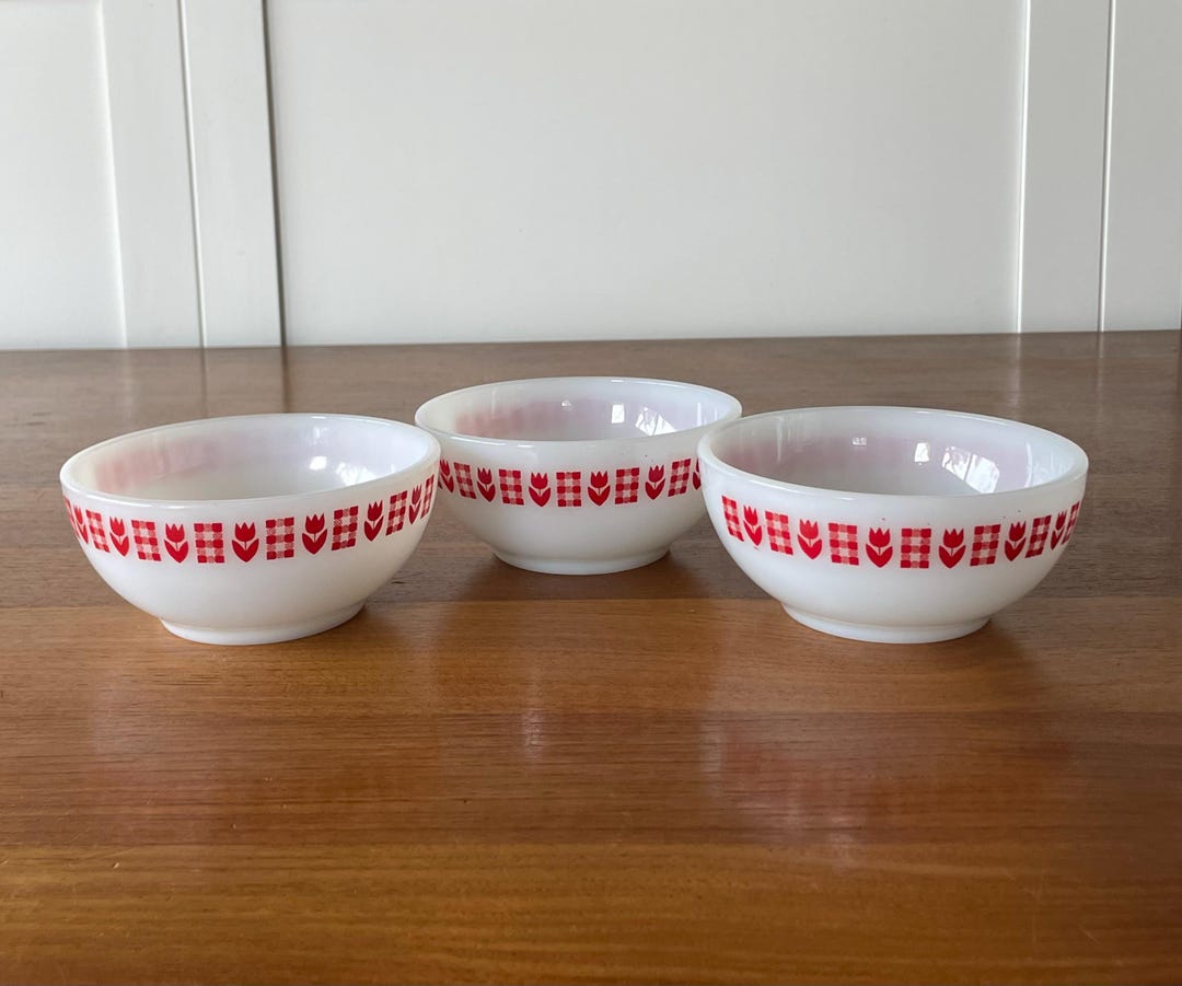 3 Glass Cereal Bowl Termocrisa Red Tulip Checker Milk Glass Serving ...