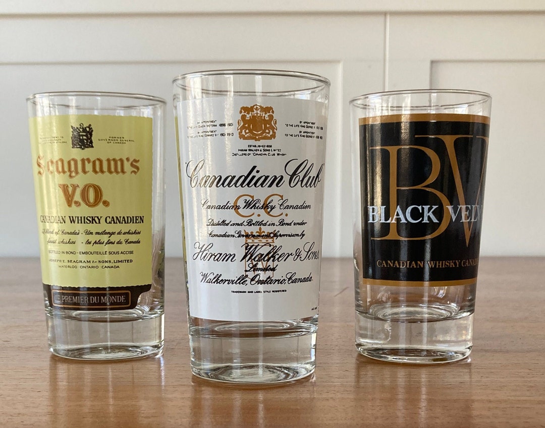 Three Canadian Whisky Rye Glass Tumblers Canadian Club, Seagram's V.O ...