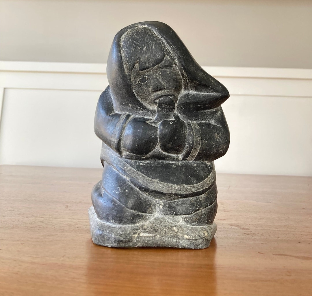 Inuit Carving Large 8lb Black Grey Soapstone Sculpture Hand Crafted ...
