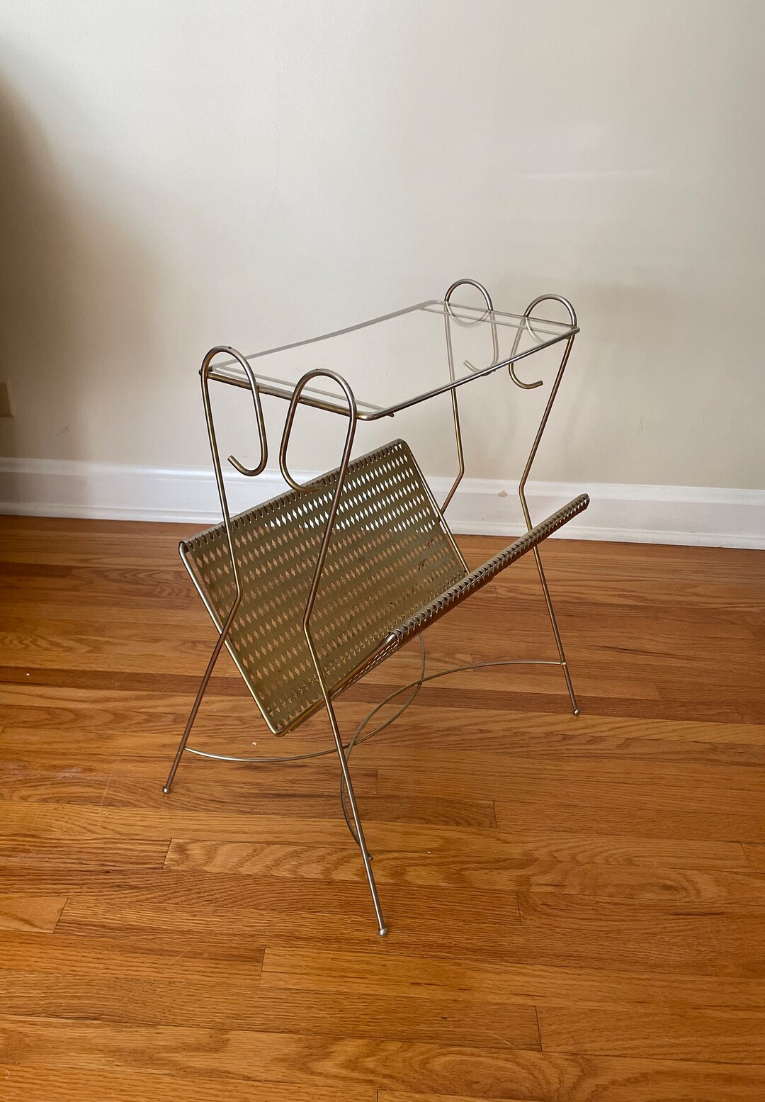 70s Side Table End Table Magazine Vinyl LP Record Gold Tone Metal Rack ...