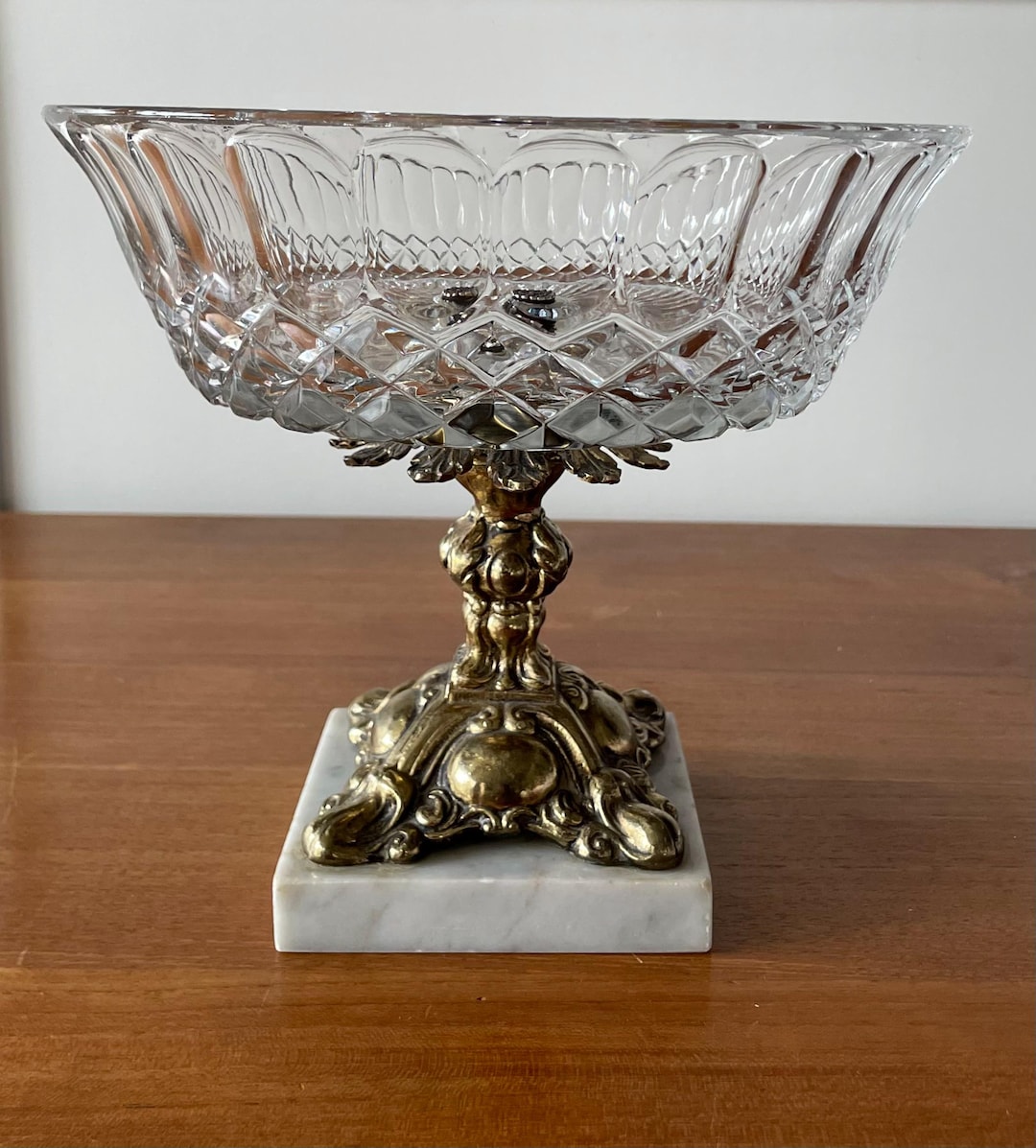 Vintage Crystal Compote Brass Footed Pedestal Bowl W/marble Base ...