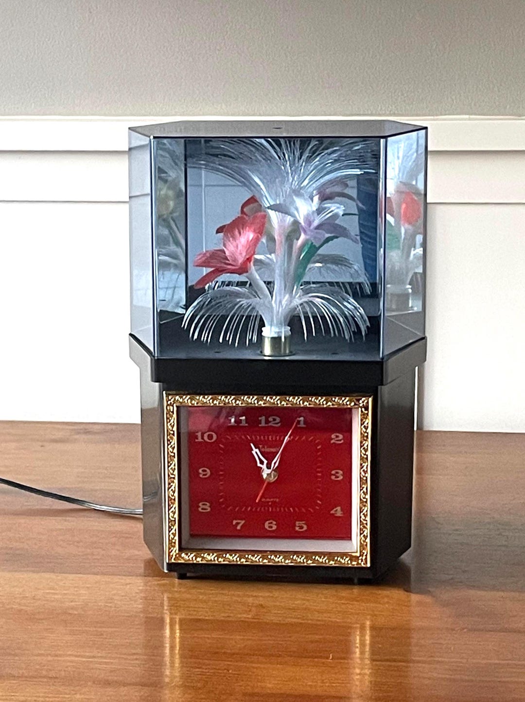 1980's Fiber Optic Lamp, Music Box & Rotating Floral Hexagonal Light With Battery Operated Clock ...