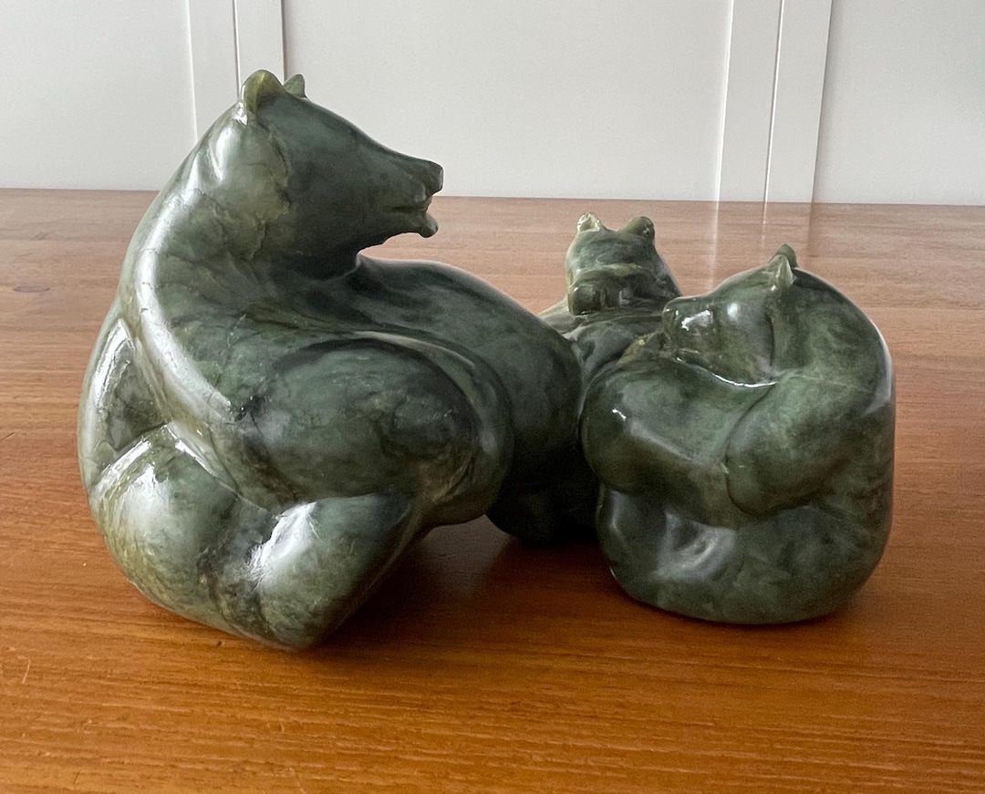 Inuit Soapstone Mama Bear & 2 Cubs Sculpture Hand Crafted Green Stone ...