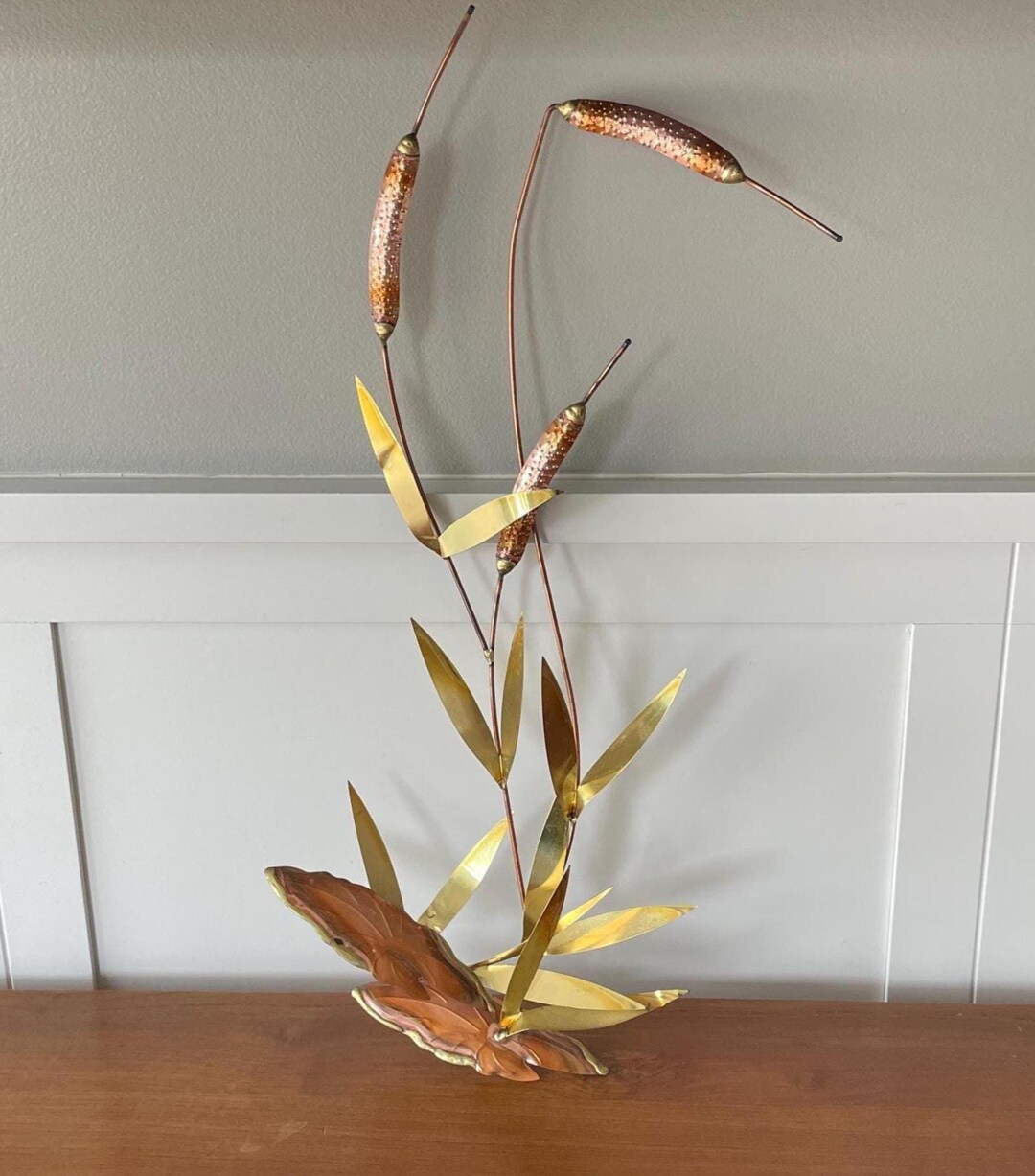 1980s Brutalist Cattails Wall Hanging Brass Copper Metal Wall Art 24 ...