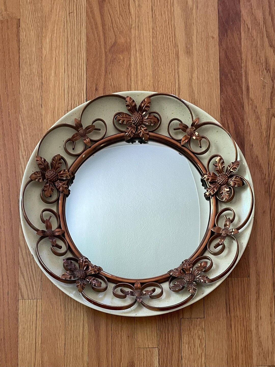 Vintage Convex Mirror: 1950s White Enamel Frame With Copper Flowers - Etsy