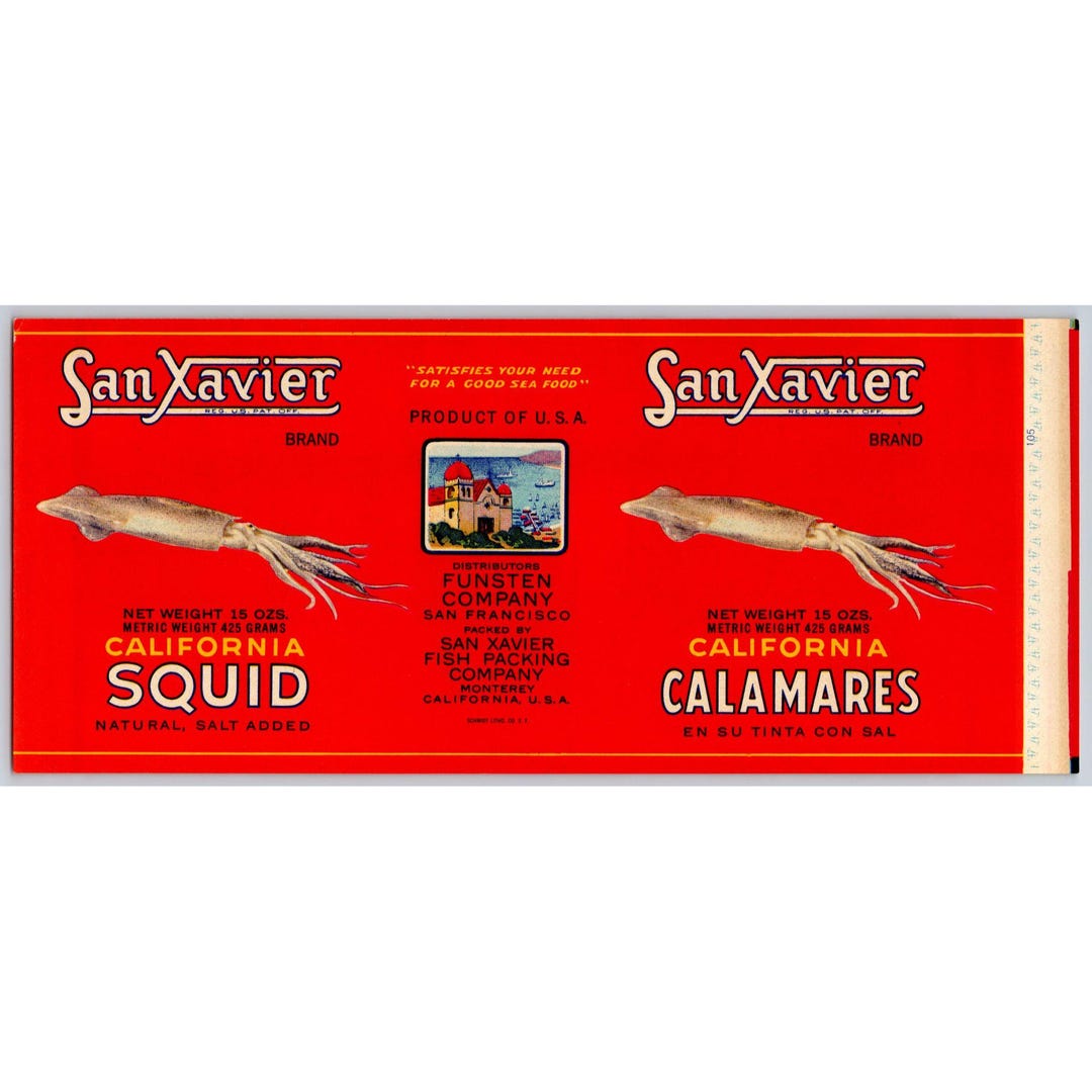 San Xavier Vintage California Squid Label 15 Oz Seafood Tin Ephemera ...