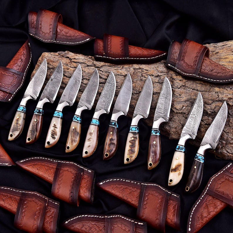 Handmade Damascus Skinner Knife Set – Ram Horn & Turquoise Handle ...