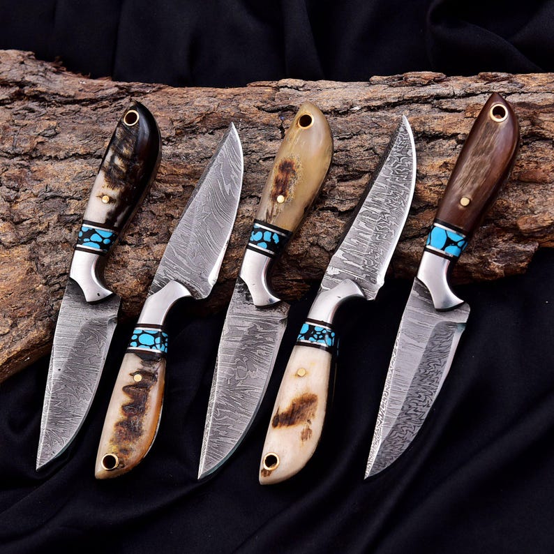 Handmade Damascus Skinner Knife Set – Ram Horn & Turquoise Handle ...