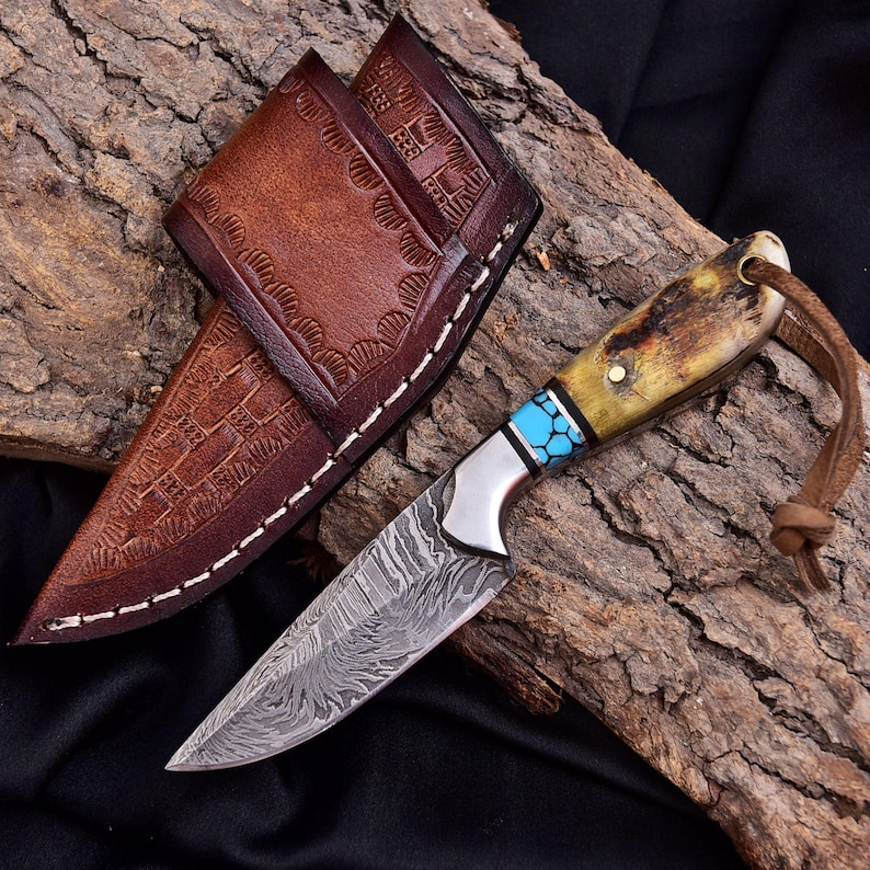 Handmade Damascus Skinner Knife Set – Ram Horn & Turquoise Handle ...