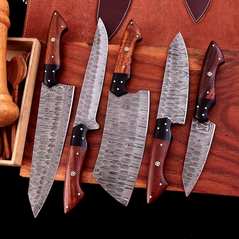5 Pcs Damascus Kitchen Knives Indoor/outdoor BBQ Cooking Chef Set Knife ...
