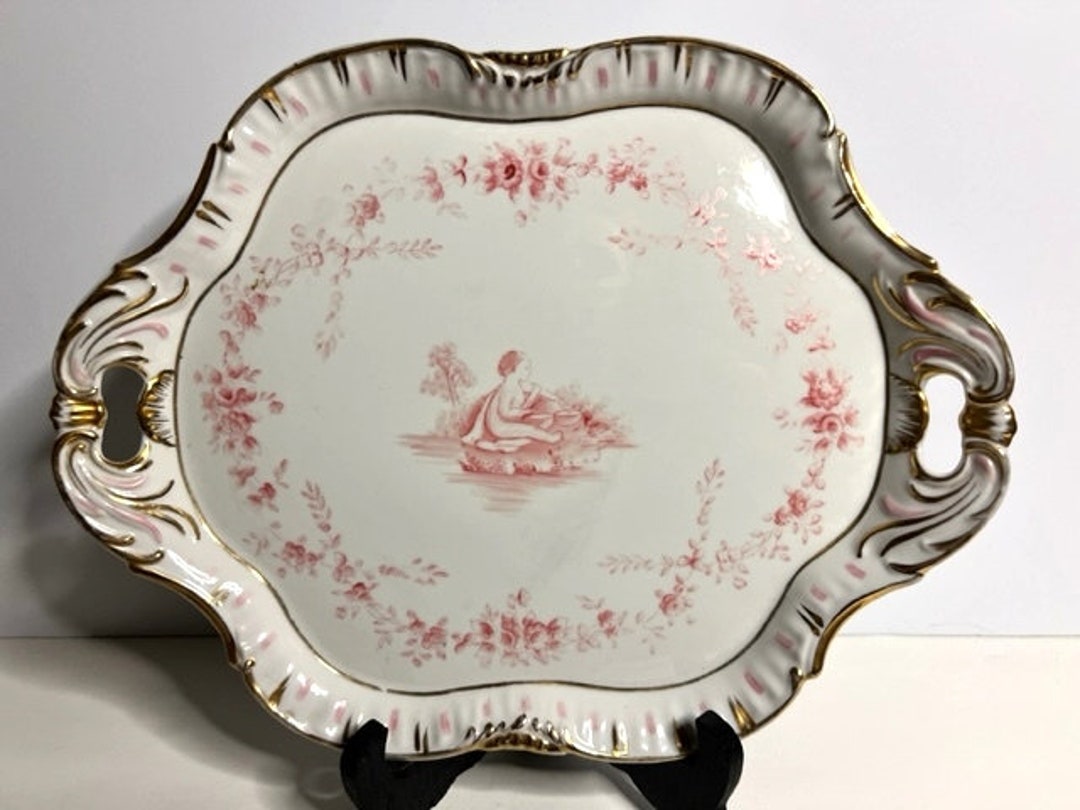 Antique Continental Hand Painted Pink Flower Motif Serving Dish Platter ...