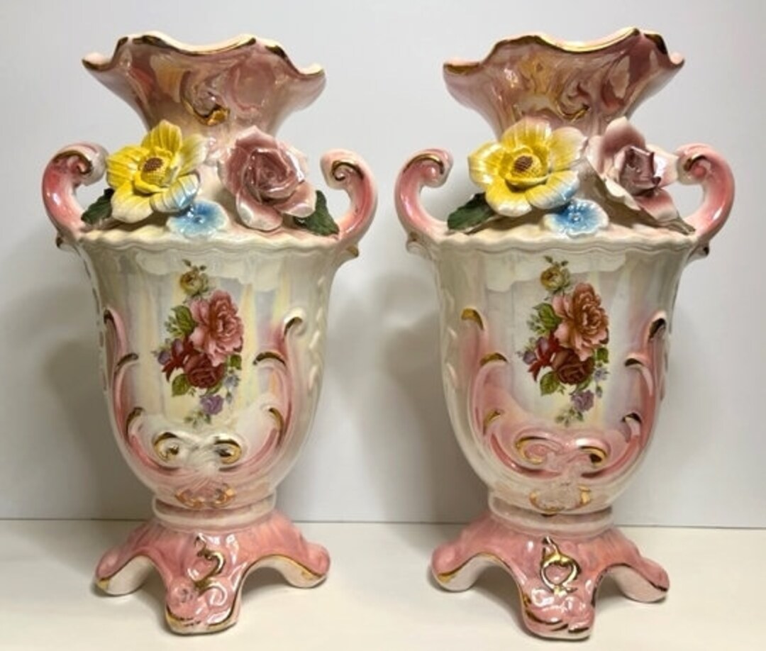 Pair of Vintage Taiwan Pink Lusterware Floral Motif Ceramic Vases - Etsy