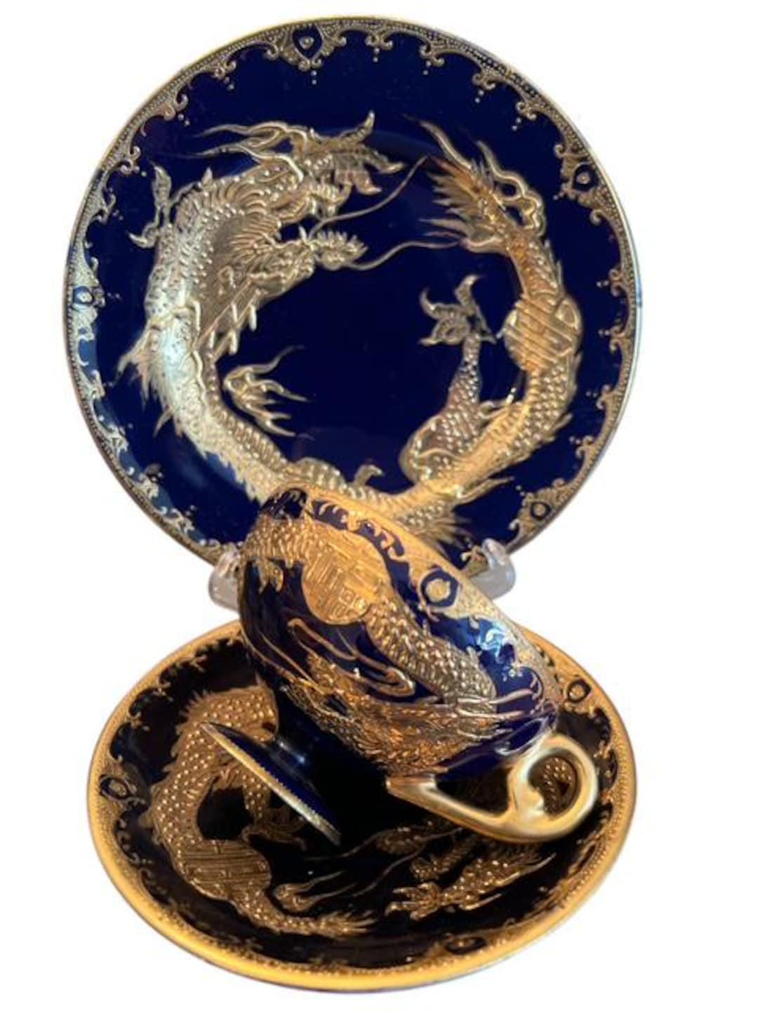 Vintage Japanese Cobalt Blue Gold Dragon Motif Hand Painted Porcelain ...