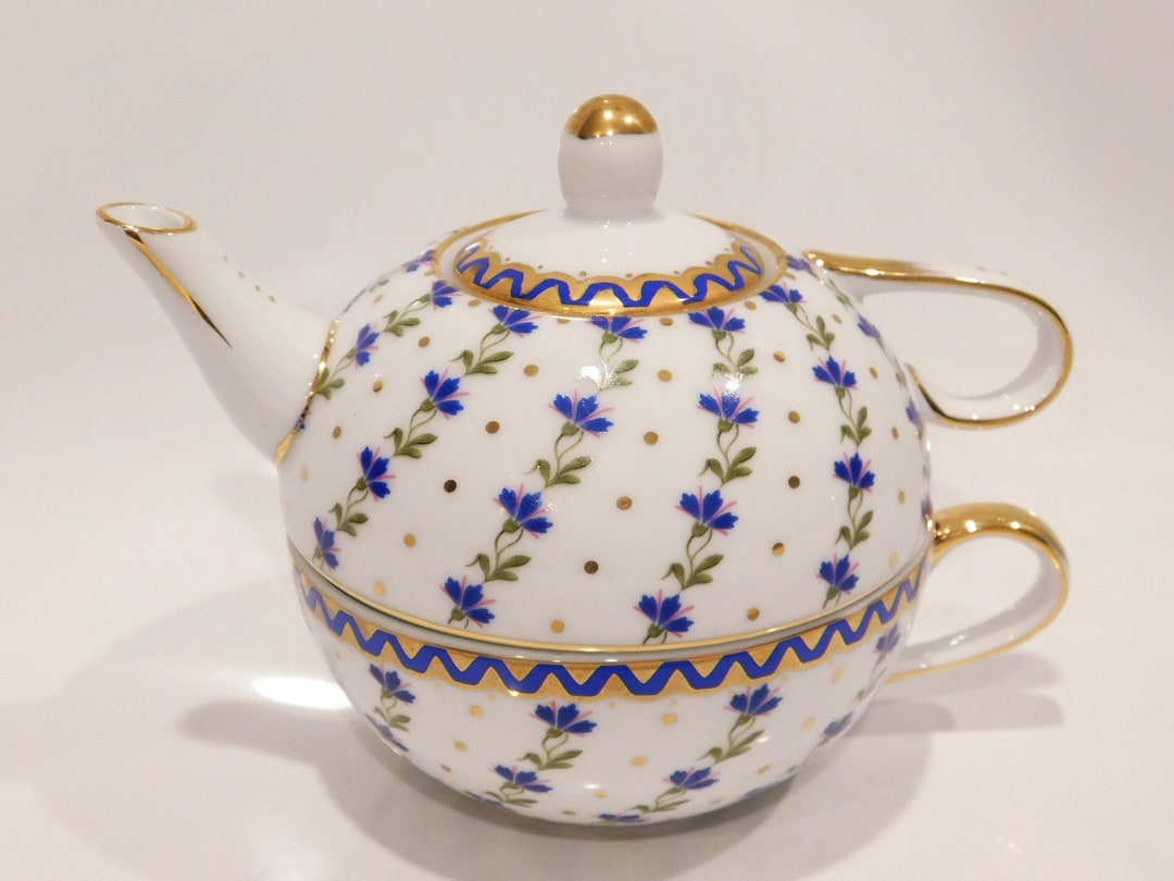 Nantucket Blue Cornflower Motif Tea Pot and Tea Cup With Gold Accents ...