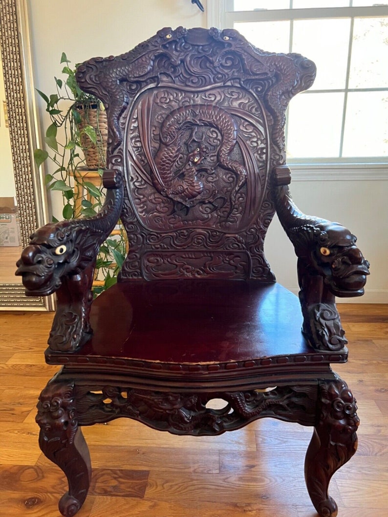 Antique Chinese Mahagony Heavily Carved Chair With Dragons on Handles ...