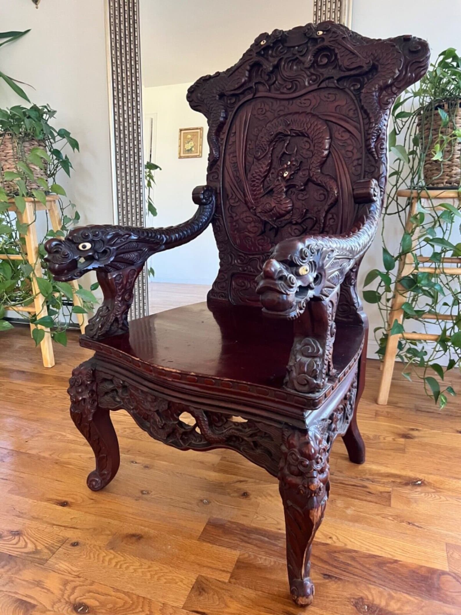 Antique Chinese Mahagony Heavily Carved Chair With Dragons on Handles ...