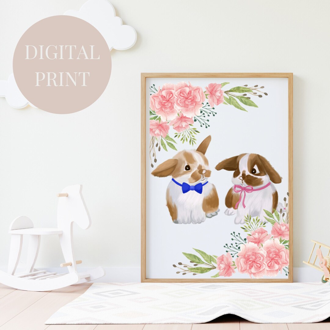 Cute Bunny Baby Boy Girl Printable Poster. Rabbit Children Room Art ...