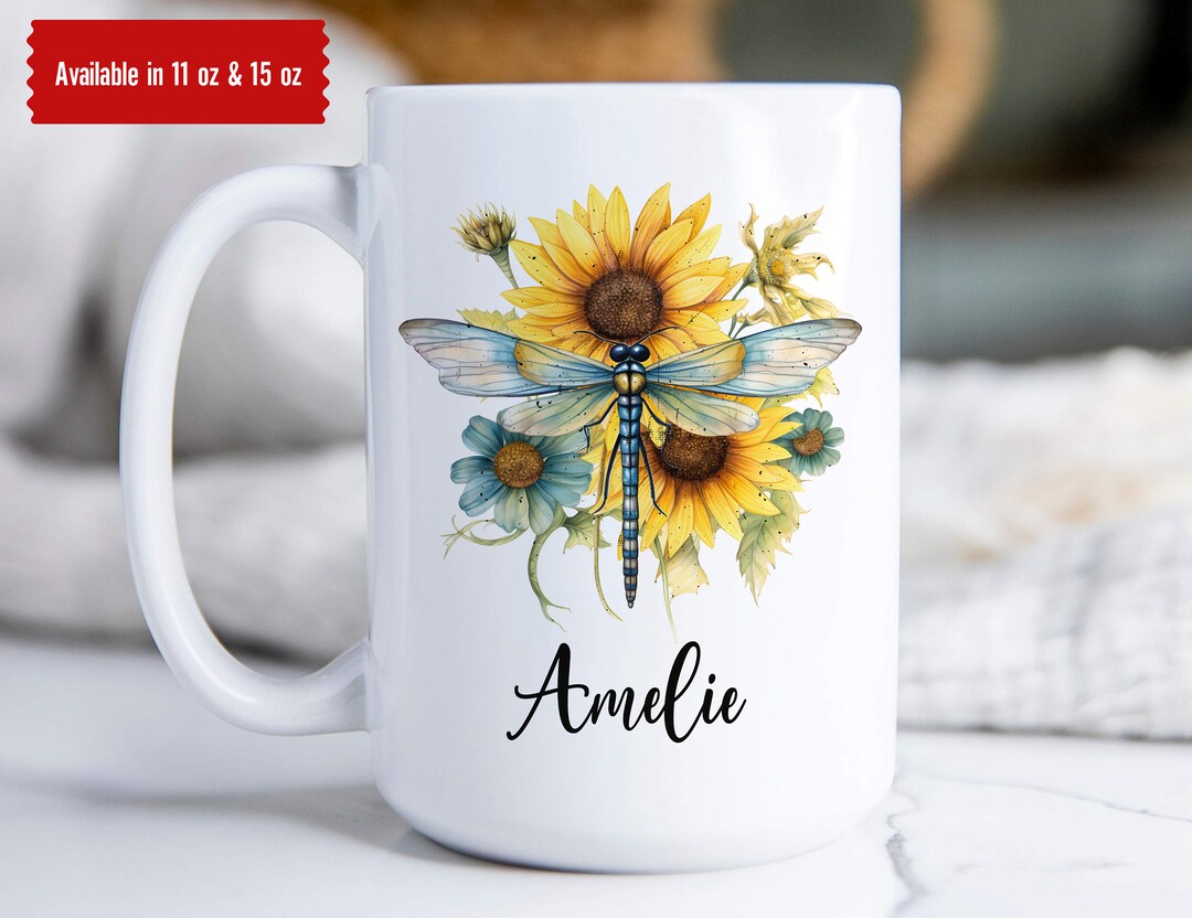 Dragonfly Mug Personalized, Sunflowers Mug, Dragonfly Gifts, Dragonfly ...