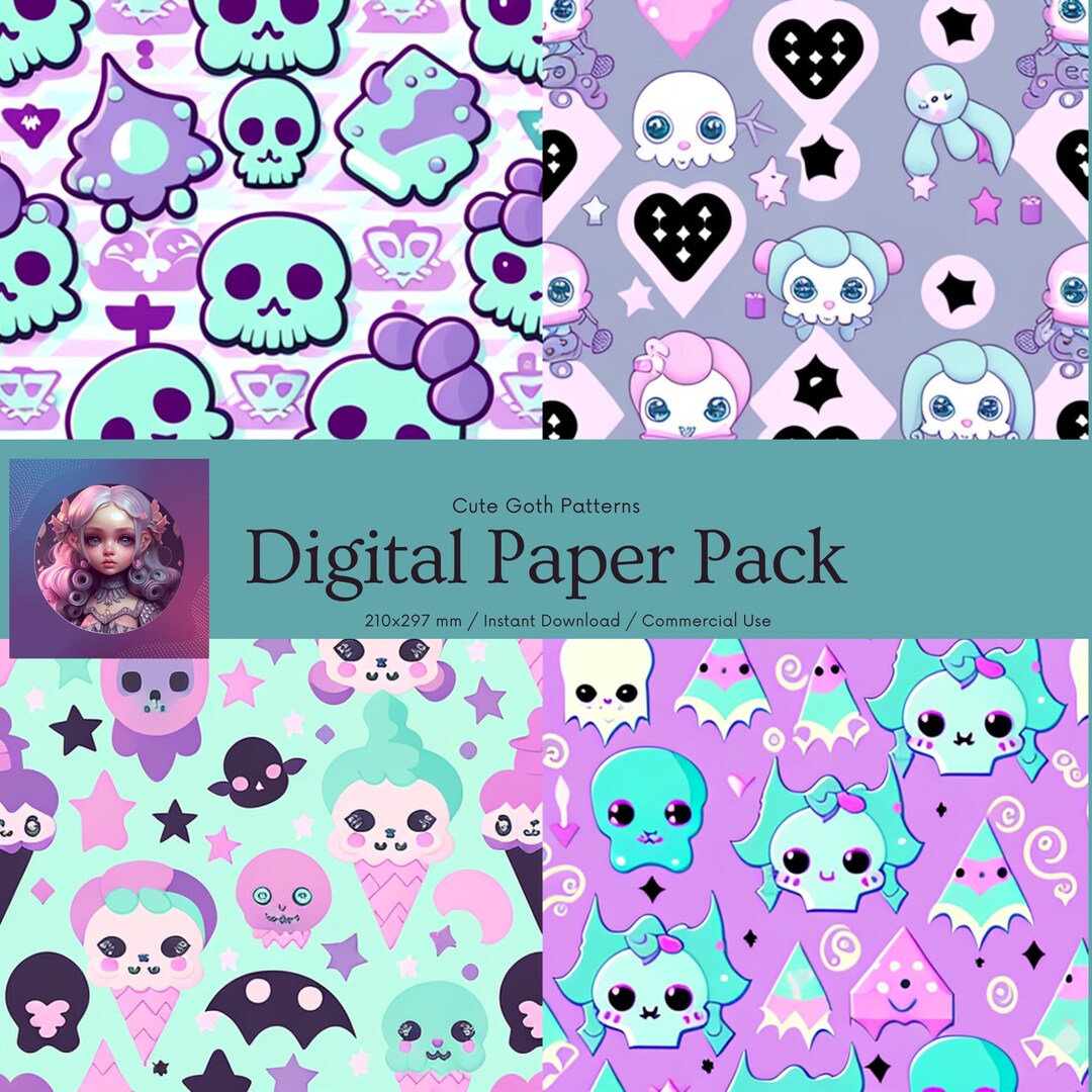 8 Cute Goth Kawaii Digital Paper Unique Scrapbooking Card Making Paper ...