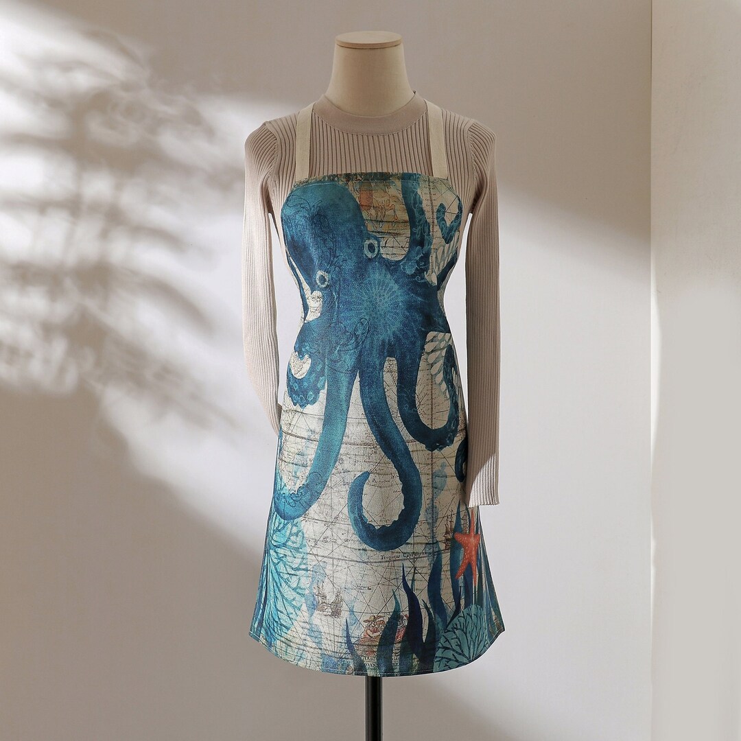 Denim Blue Ocean Theme Aprons Crab Squid Turtle Seahorse Grill Apron ...