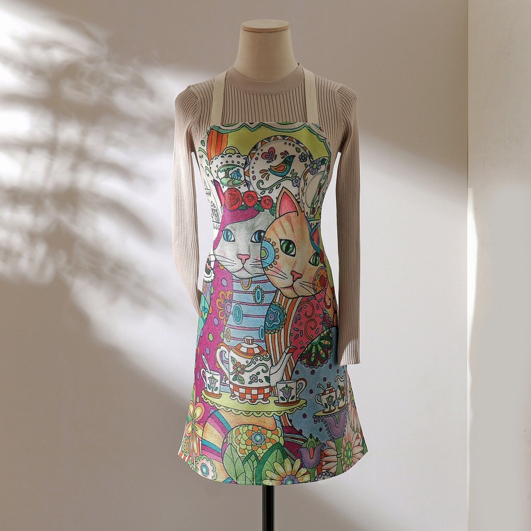 Colorful Floral Cat Mother and Daughter Family Apron Black and White ...