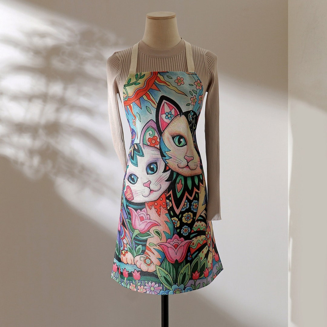 Floral Family Cats Garden Apron Colorful Kitten Apron Chef Kitchen Gift ...