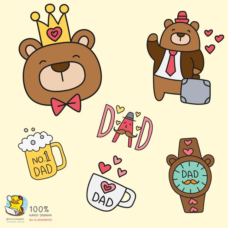 Fathers Day Bear Daddy Bear Clipart | 40 Cute Hand Drawn Dad SVG PNG ...