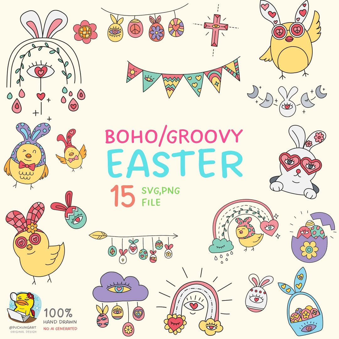 Boho Easter Doodle Clipart Bundle | Groovy Hand Drawn SVG PNG | Retro ...