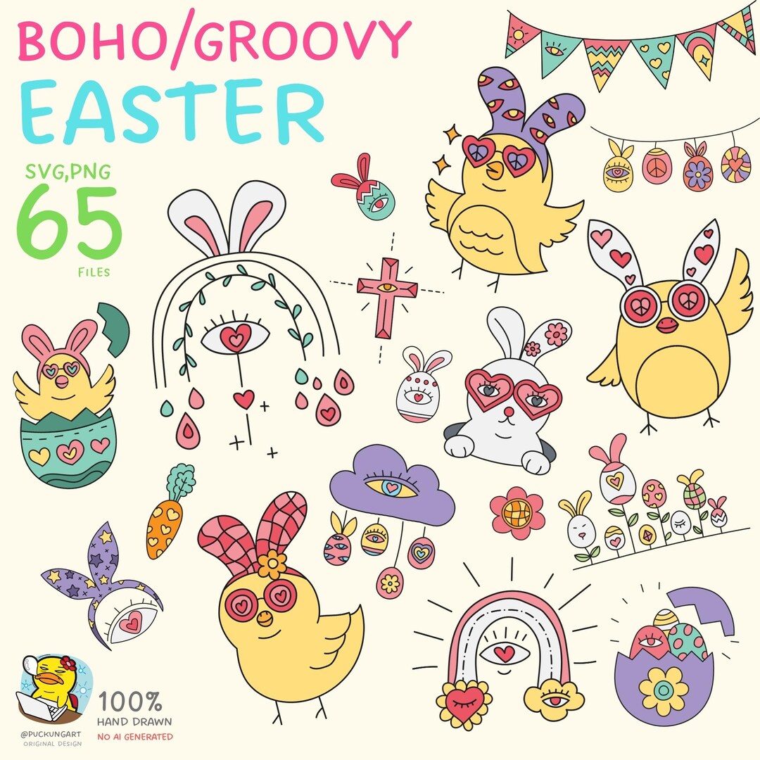 Boho Easter Clipart: Groovy Doodle PNG SVG (65 Files) - Etsy