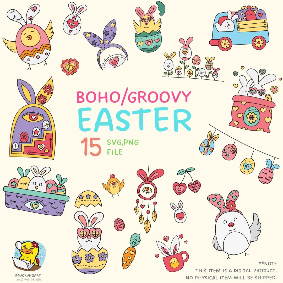 Boho Easter Doodle Clipart Bundle | Groovy Hand Drawn SVG PNG | Cute ...