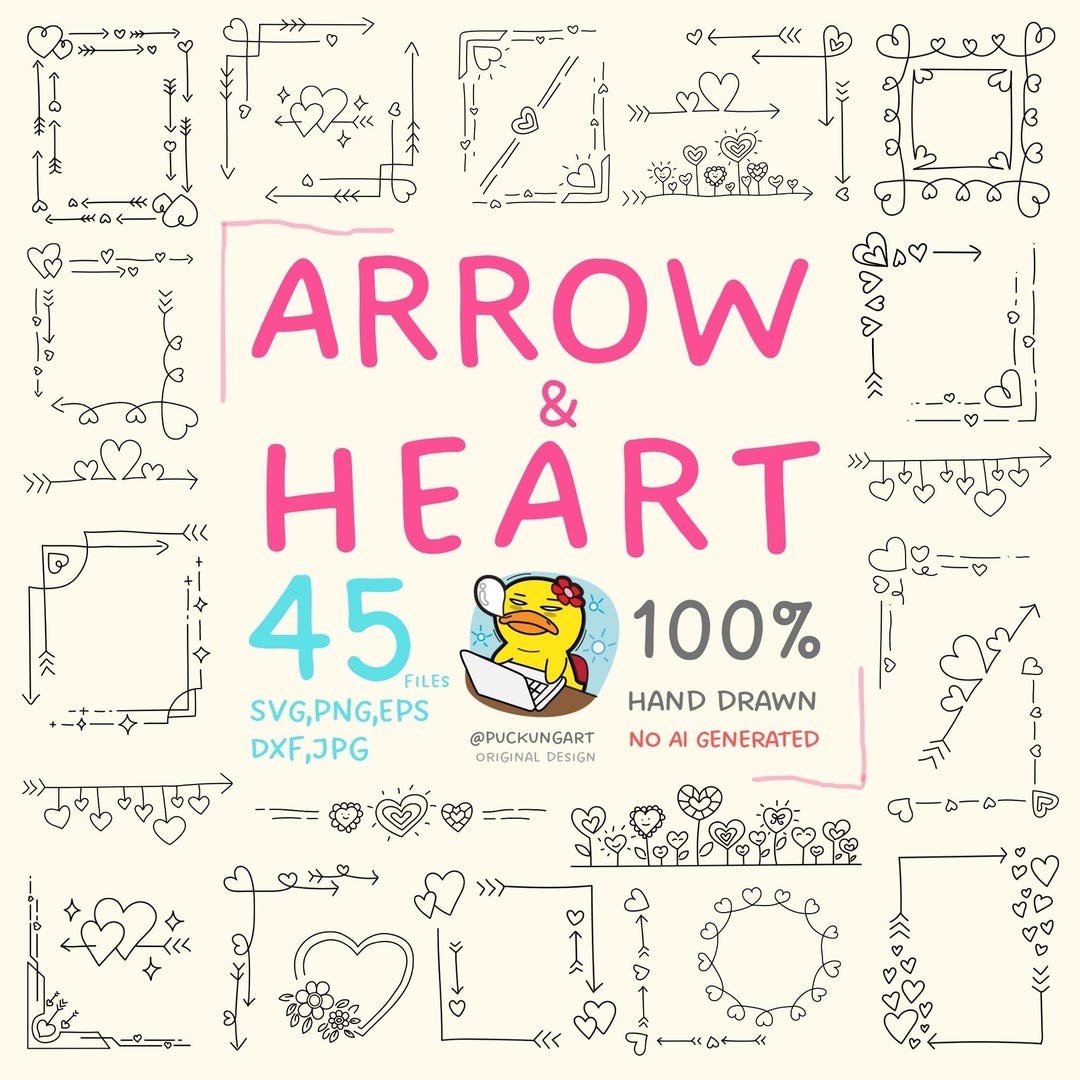 Hand Drawn Arrow & Heart Doodle Frames: SVG PNG Clipart (digital ...
