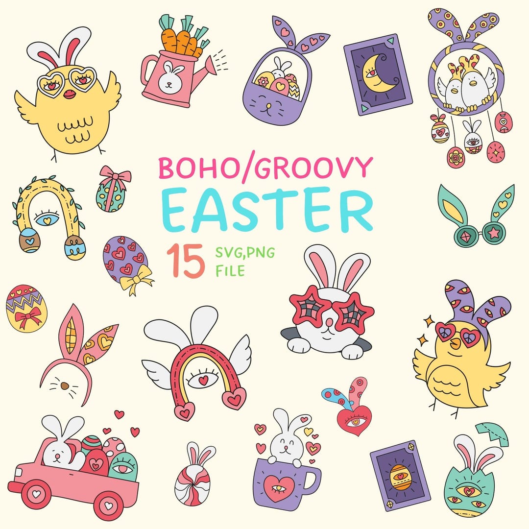 Boho Easter Doodle Clipart | Groovy Bunny Chick Egg Tarot SVG PNG ...