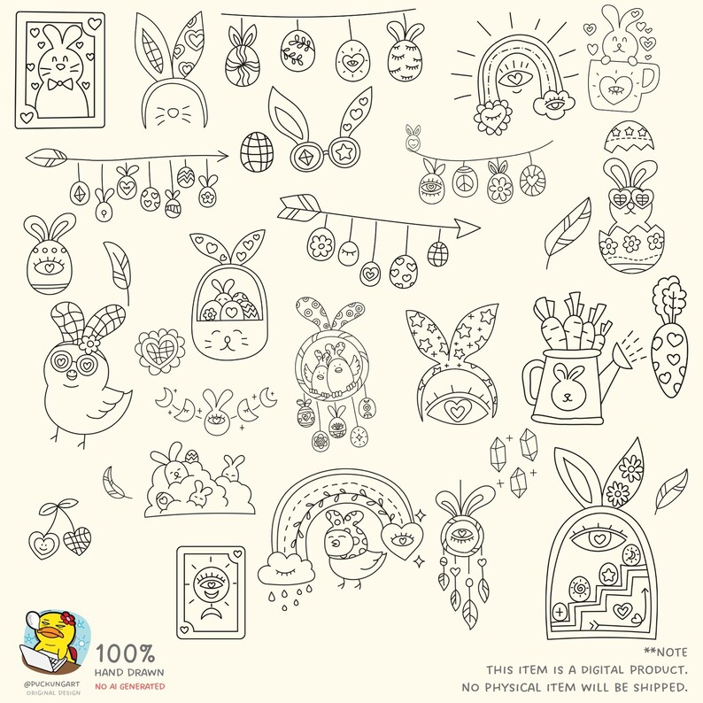 Boho Groovy Easter Doodle Clipart Bundle. Hand Drawn Cute Bunny Egg ...