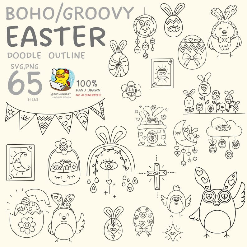 Boho Groovy Easter Doodle Clipart Bundle. Hand Drawn Cute Bunny Egg ...