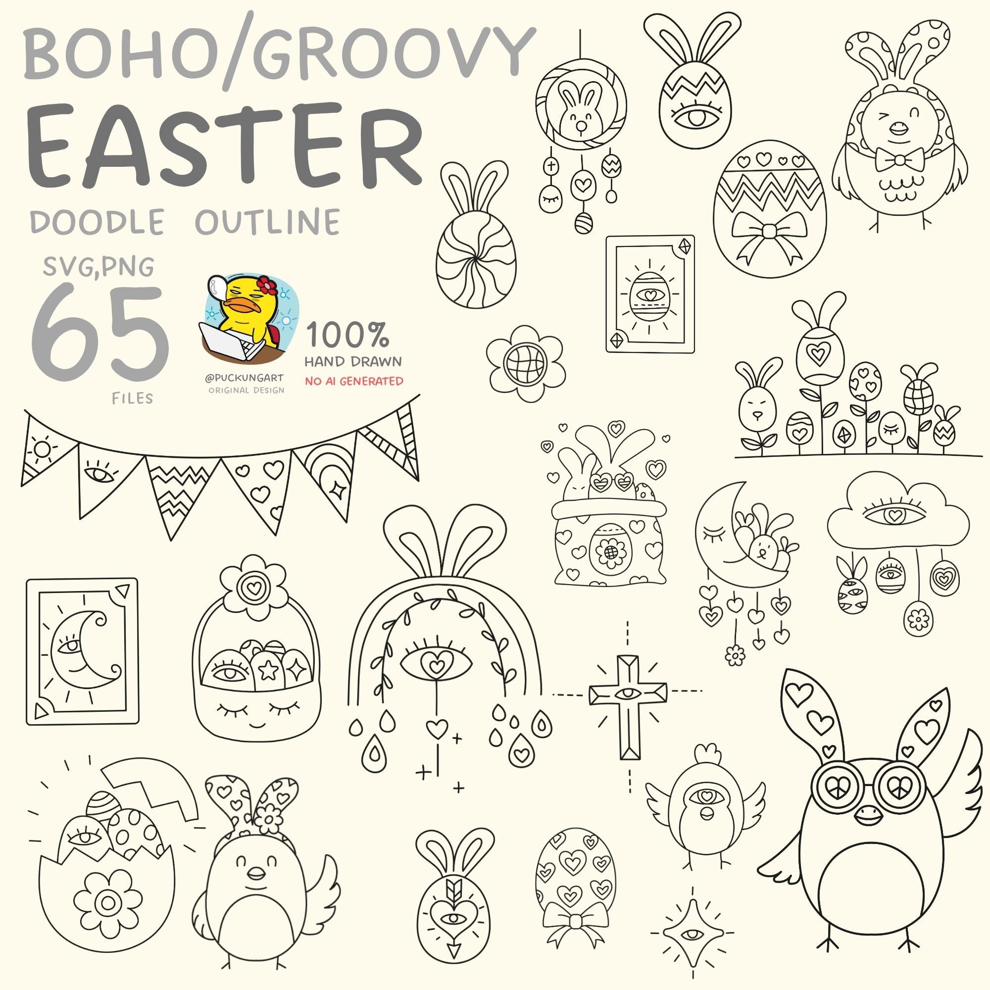 Boho Easter Doodle Clipart Bundle: Hand-drawn Bunny Egg SVG PNG - Etsy