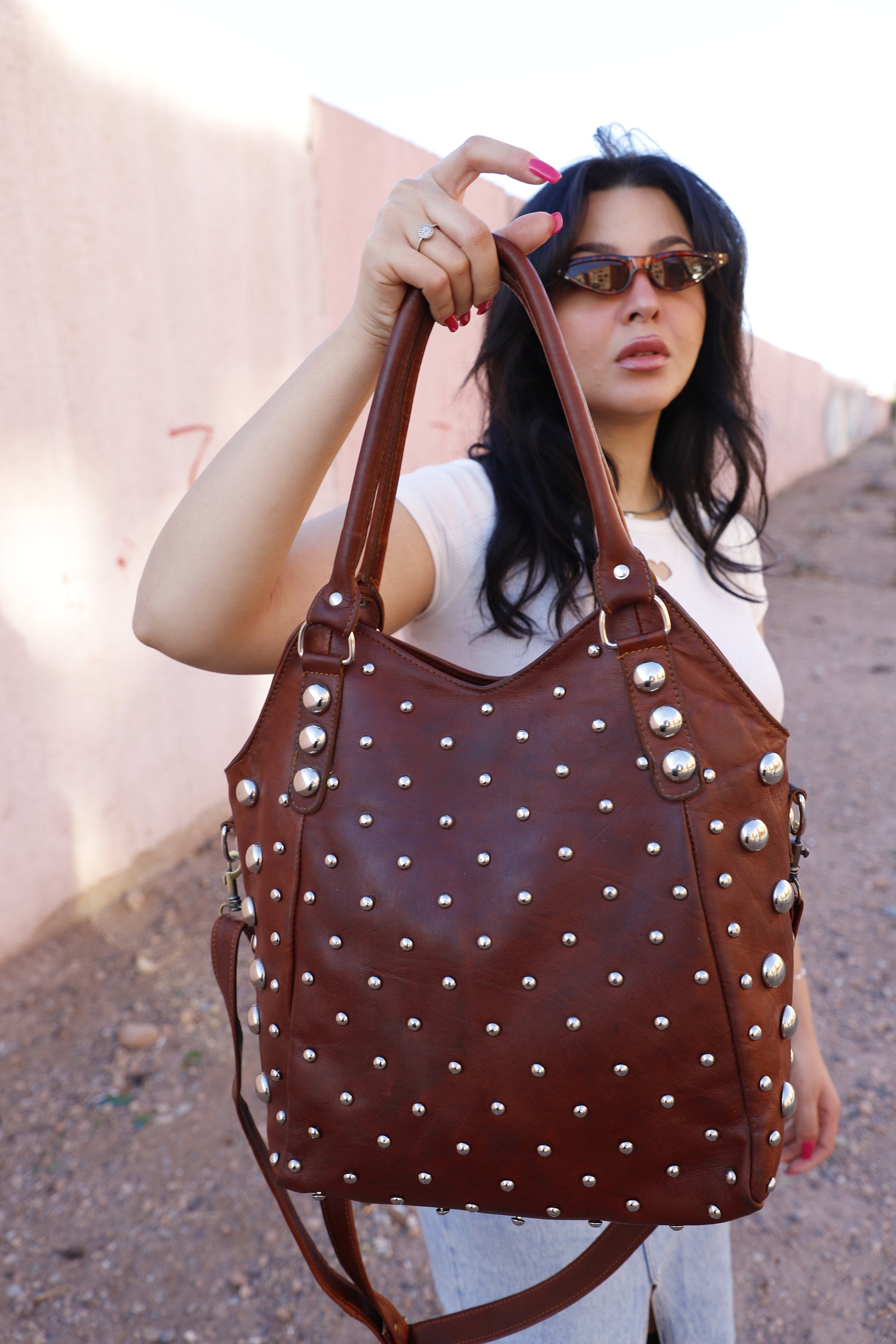 Dot Studded Tote Bag, Studded Leather Handbag, Polka Dot Studded Tote ...