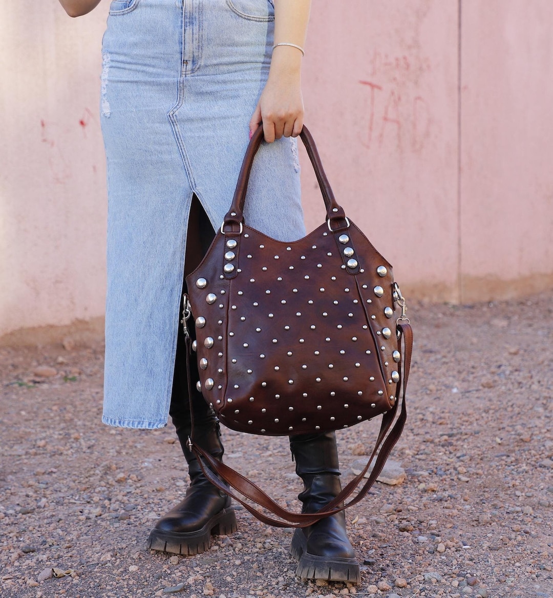 Dot Studded Tote Bag, Studded Leather Handbag, Polka Dot Studded Tote ...