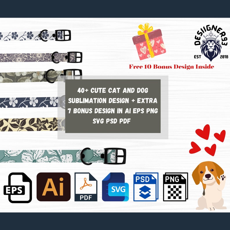 40+ Cute Cat and Dog Collar Sublimation Vintage Flower Pattern Ai Eps ...