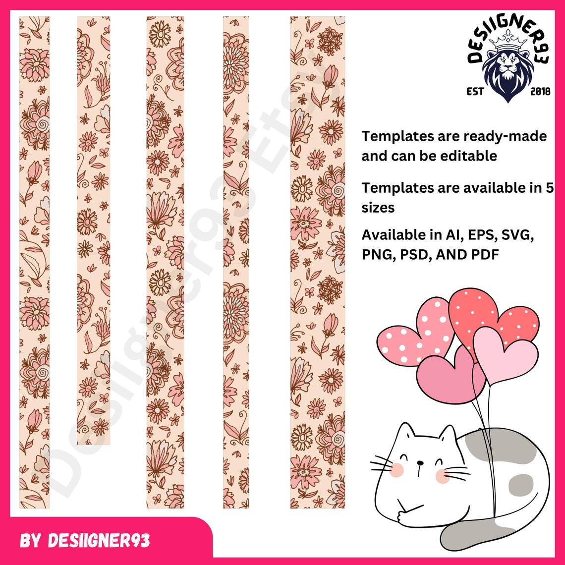 40+ Cute Cat and Dog Collar Sublimation Vintage Flower Pattern Ai Eps ...