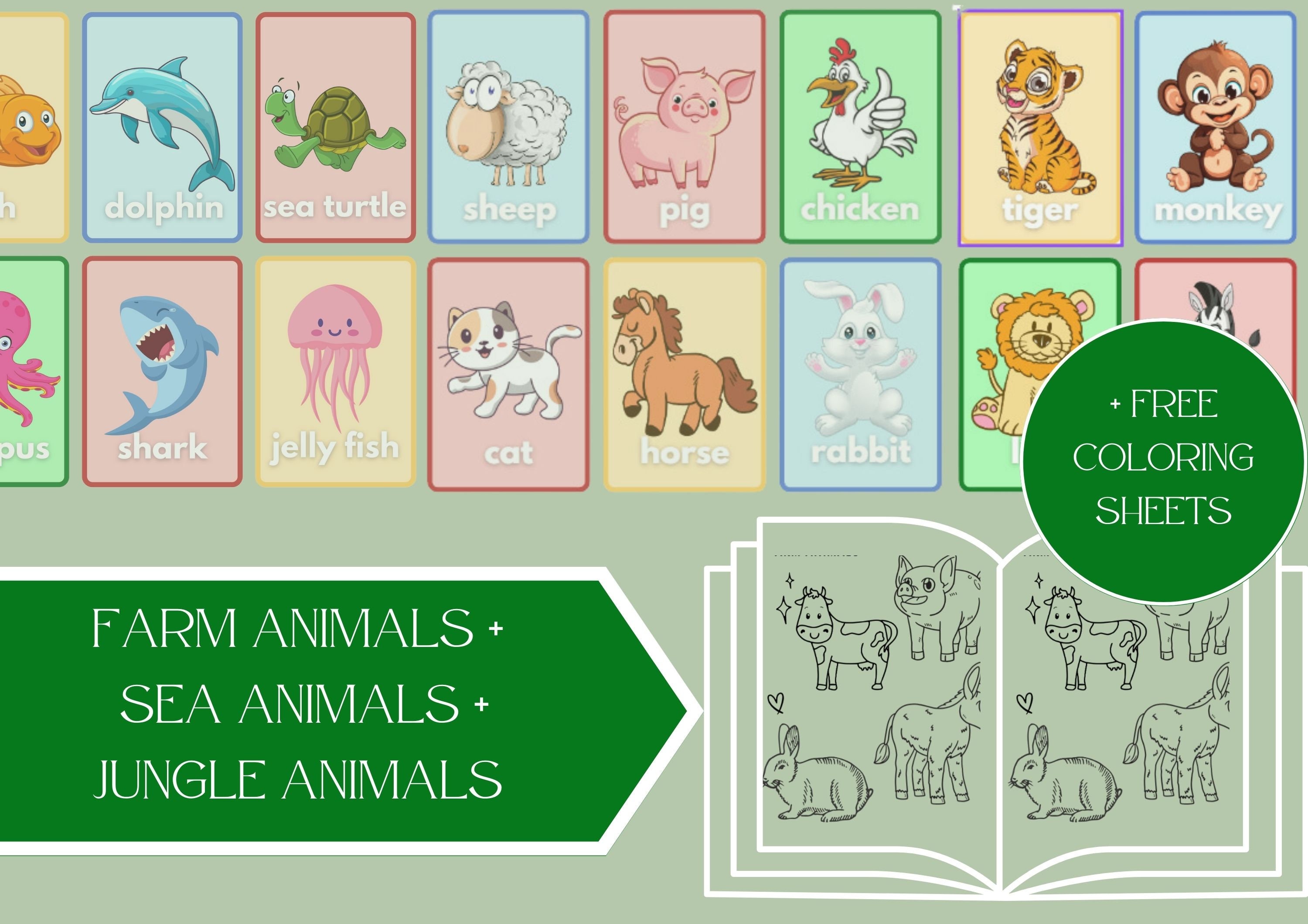 24 Animals Flash Cards Sea Animals Farm Animals Jungle - Etsy