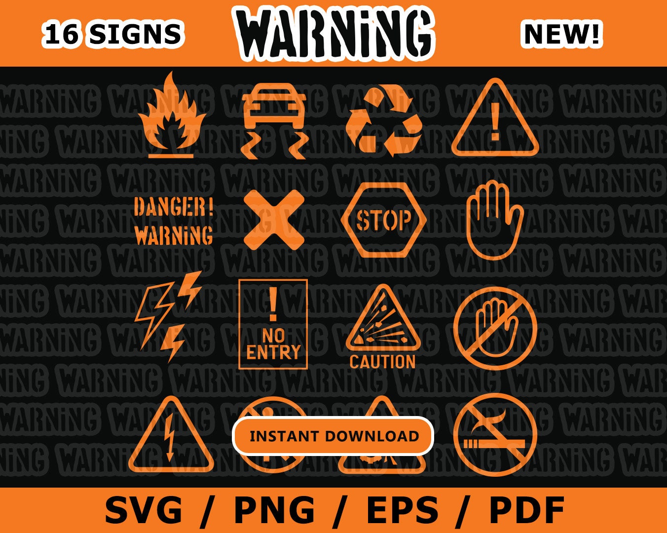 WARNING / Danger (16 Icons) Signs / SVG / EPS / Png / Pdf. Caution ...