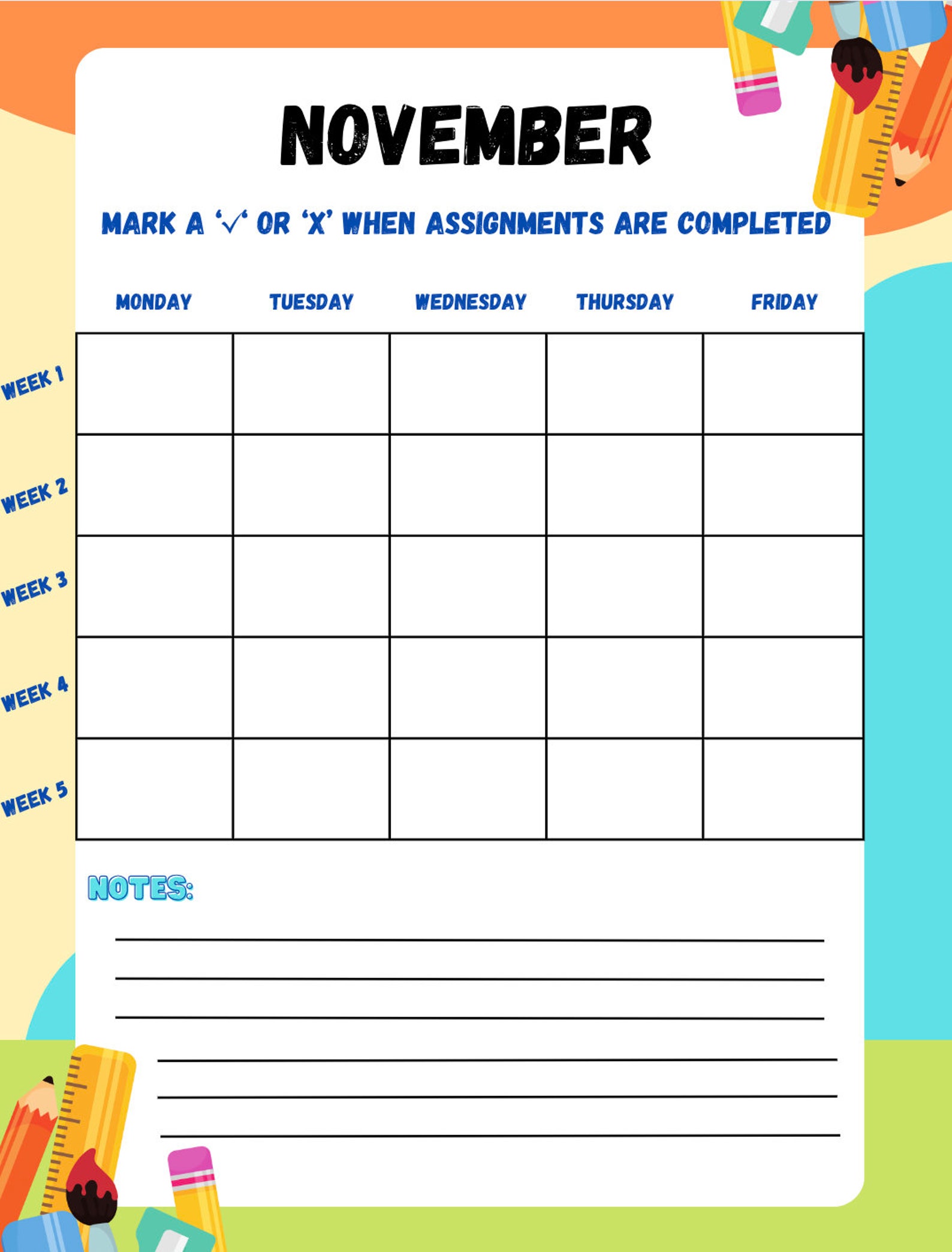 Customizable Printable Weekly Homework Tracker K-12 Teacher and Student ...